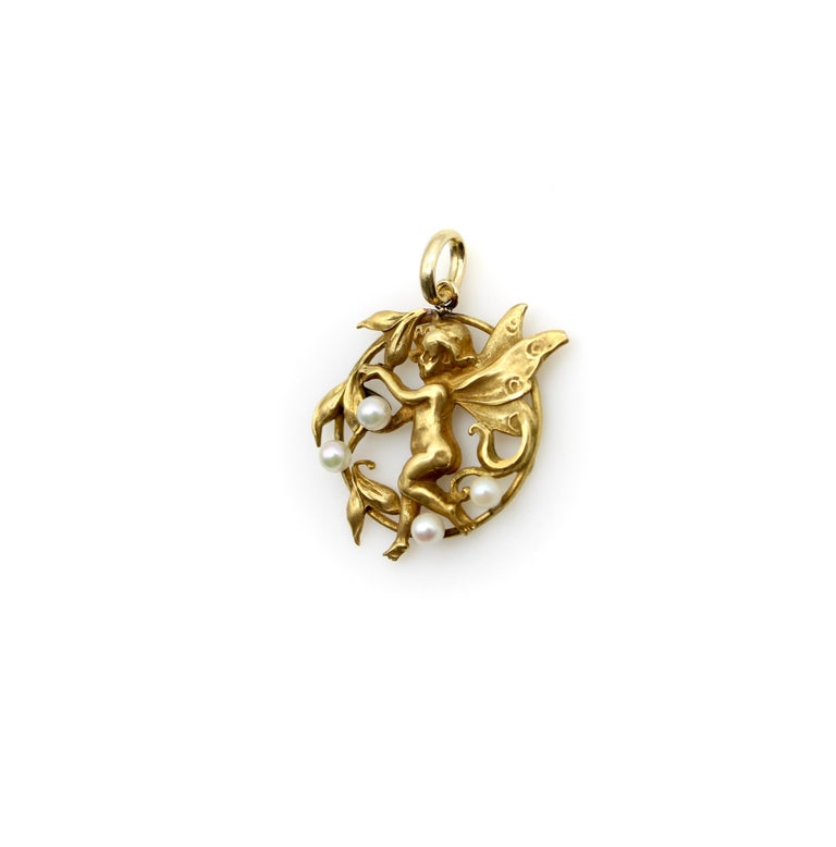 10k Gold Art Nouveau Fairy Pendant with Pearls For Sale at 1stDibs