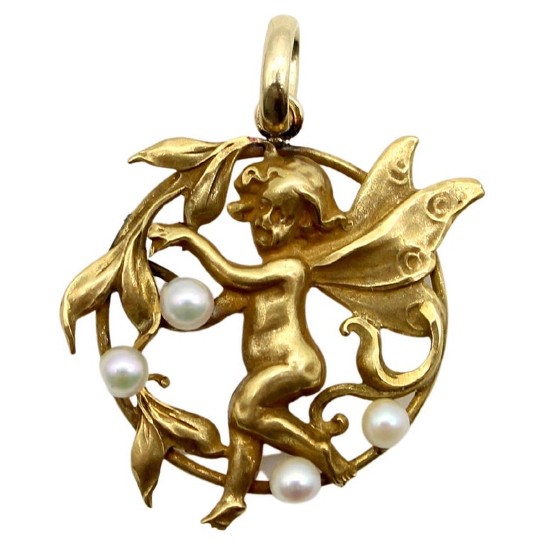 10k Gold Art Nouveau Fairy Pendant with Pearls For Sale at 1stDibs