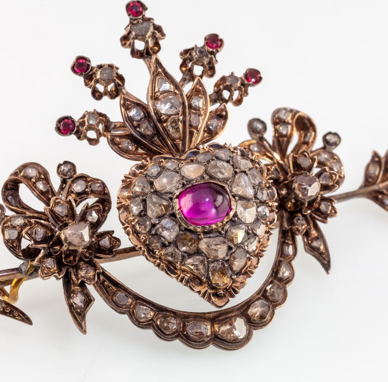 10k Gold Custom Antique Heart Arrow Brooch w/ Diamonds and Rubies For ...
