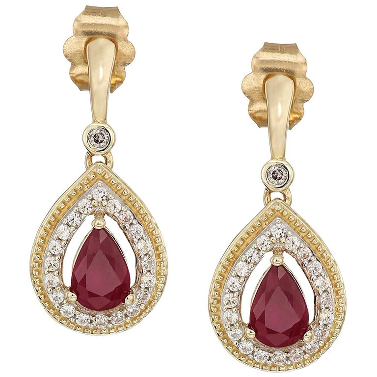 10k Gold Genuine Burmese Ruby Pear with Genuine White Sapphire and ...