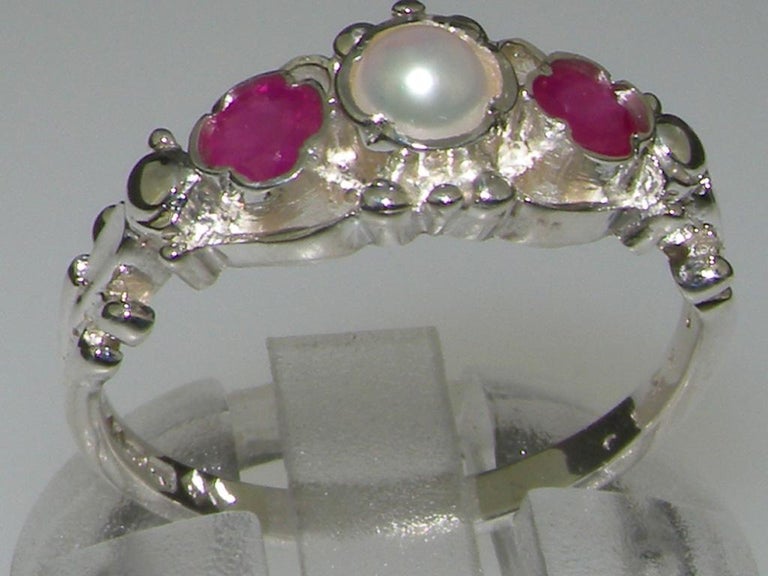 Customizable 10k White Gold Pearl and Ruby Womens Trilogy Ring ...
