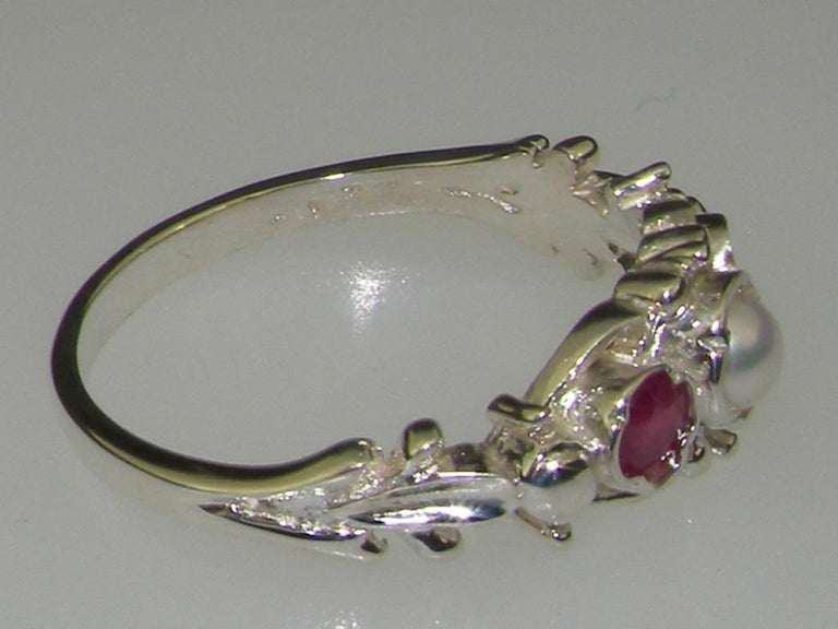 Customizable 10k White Gold Pearl and Ruby Womens Trilogy Ring ...