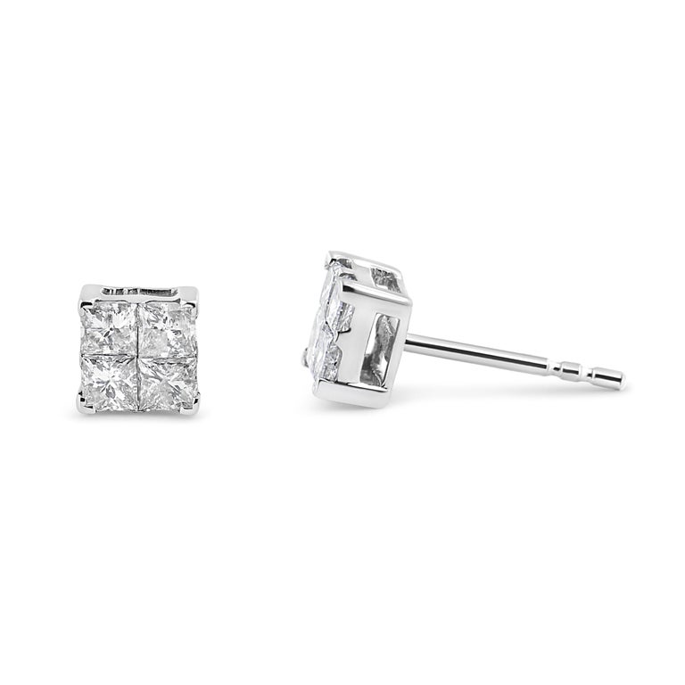10K White Gold Princess-Cut Diamond Composite Square Shape Stud Earrings For Sale at 1stDibs
