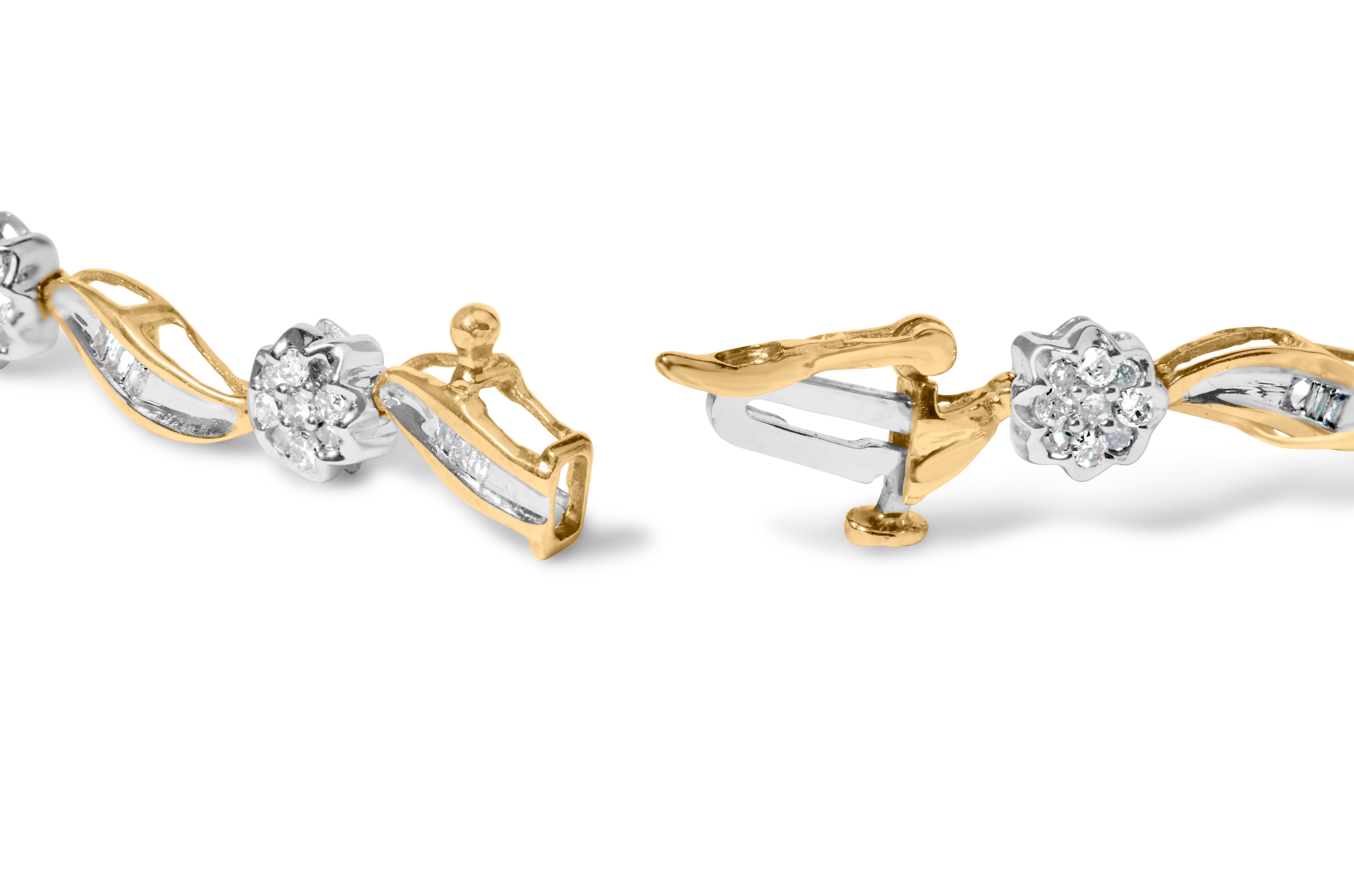 10K Yellow and White Gold 1.00 Cttw Diamond Floral S-Link 7" Bracelet ...