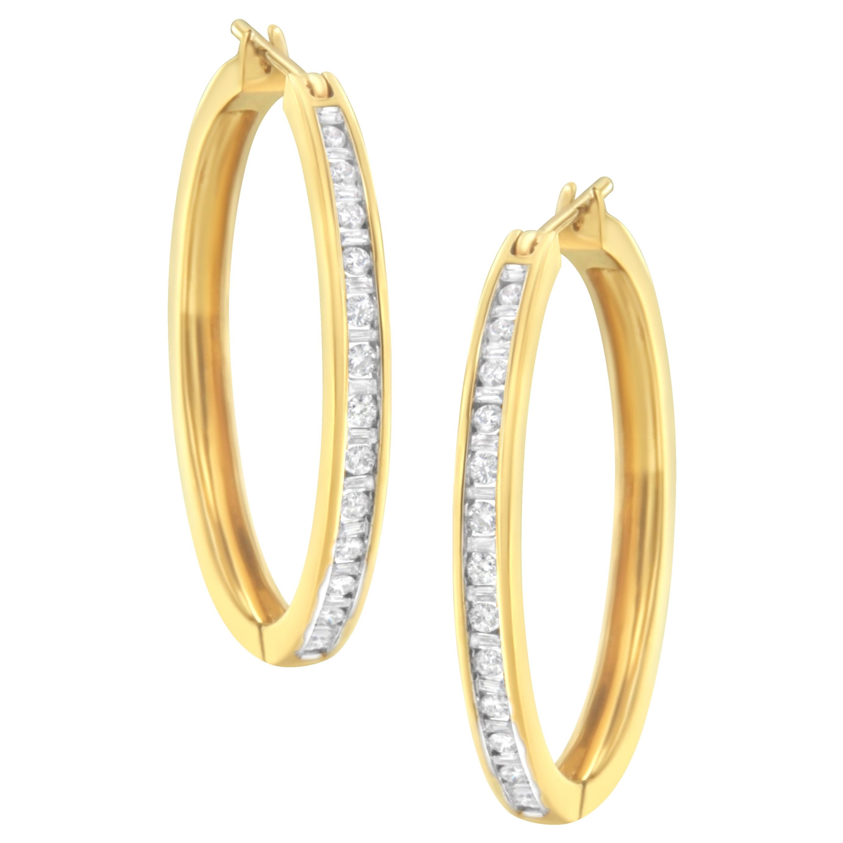 14 Karat Yellow Gold .50 Carat Channel Set Baguette Diamond Hoop ...
