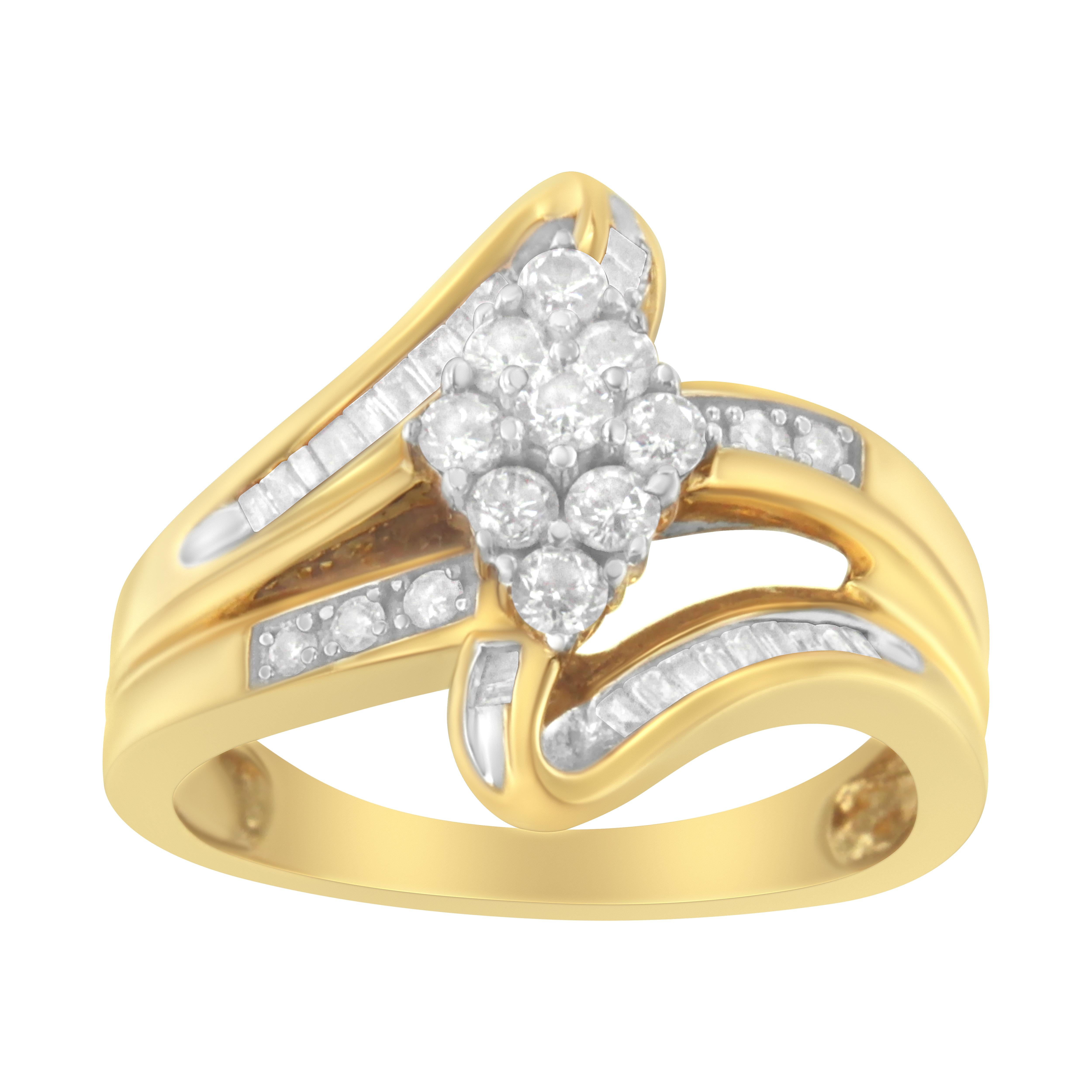 10K Yellow Gold 3/4 Cttw Round and Baguette-cut Diamond Double Shank ...