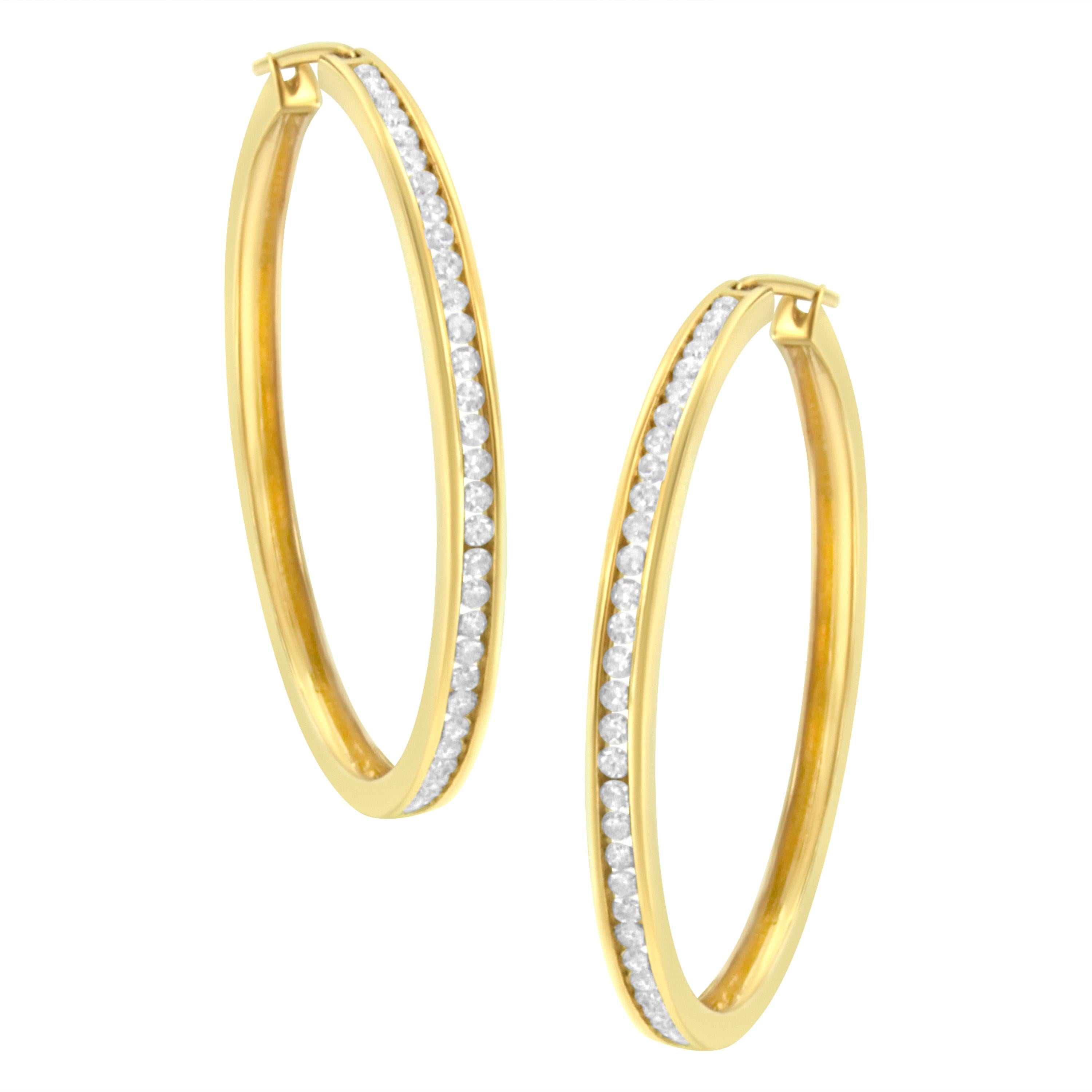 10K Yellow Gold 1.0 Carat Baguette and Round Brilliant-Cut Diamond Hoop ...