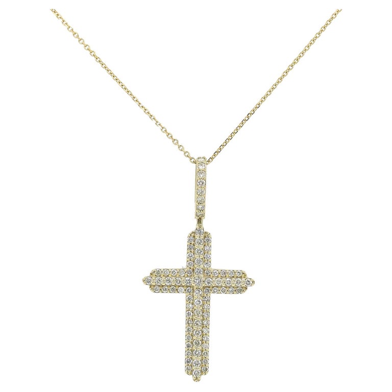 10K Yellow Gold Diamond Halo Cross Pendant Necklace For Sale at 1stDibs