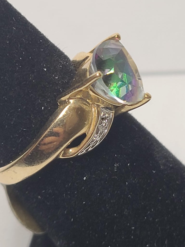 10k Yellow Gold Mystic Topaz Ring with Diamond Accents For Sale at 1stDibs