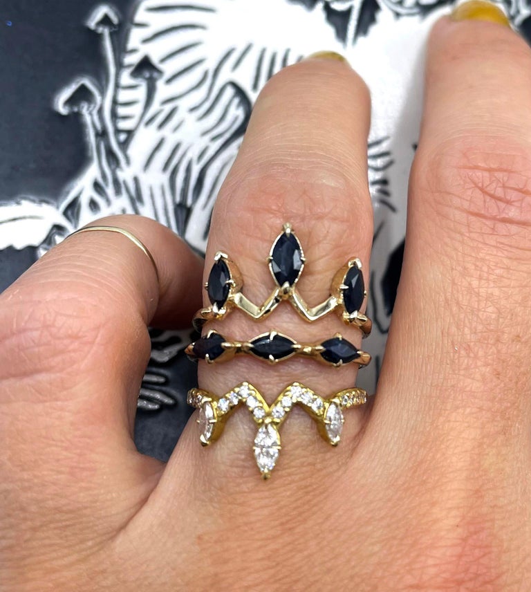 10k Yellow Gold Mystical Marquise 3-Stone Crown Ring with Midnight Blue ...