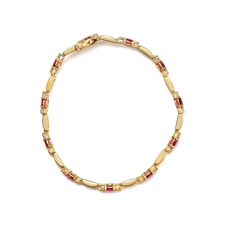 10k Yellow Gold Oval Ruby and 1/10 Carat Diamond Bar Prong Set Bracelet ...