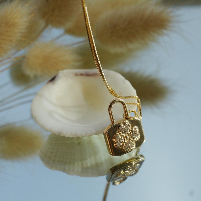 10k Yellow Gold The Peace Clover Lock Charm Necklace, Natural Diamonds ...
