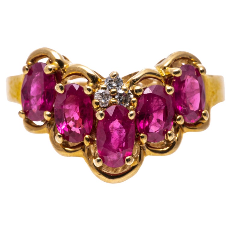 10k Yellow Gold "V" Style Oval Ruby And Diamond Accent Ring For Sale at ...