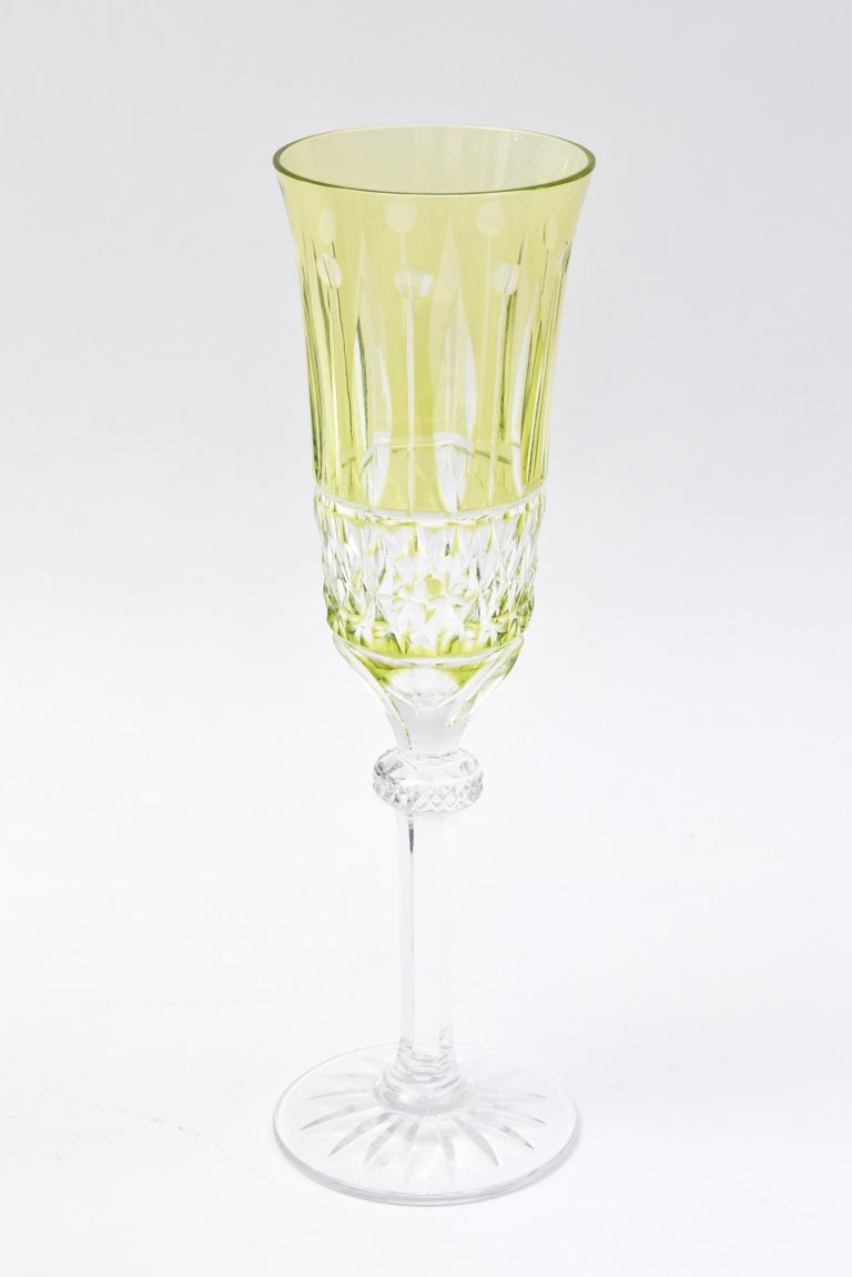 11 Champagne Flutes, Cut Crystal Vintage, Great Chartreuse Color at 1stDibs