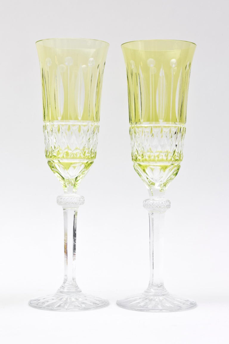 11 Champagne Flutes, Cut Crystal Vintage, Great Chartreuse Color at 1stDibs