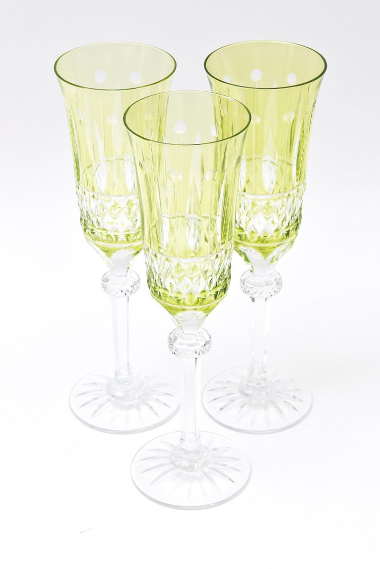 11 Champagne Flutes, Cut Crystal Vintage, Great Chartreuse Color at 1stDibs