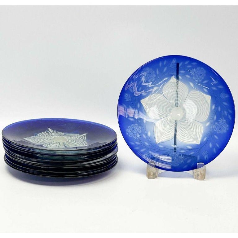 11 Durand Peacock Pulled Feather Etched Roses Glass Dessert Plates ...