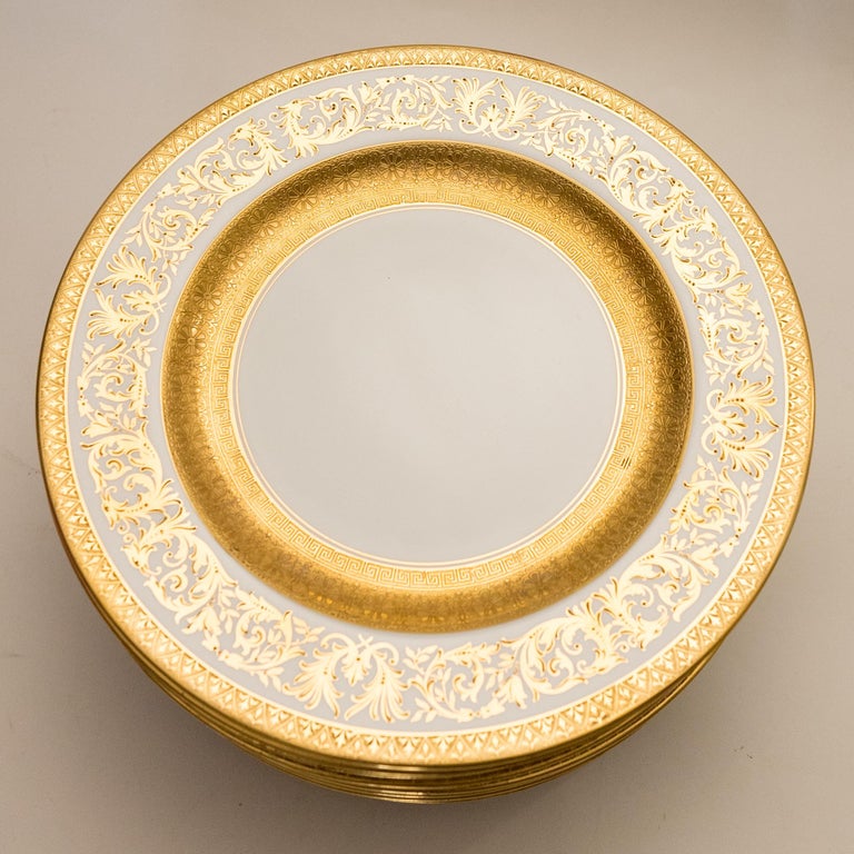11 Gilt Encrusted Dinner Plates, Antique Custom Order with Wide Gold ...