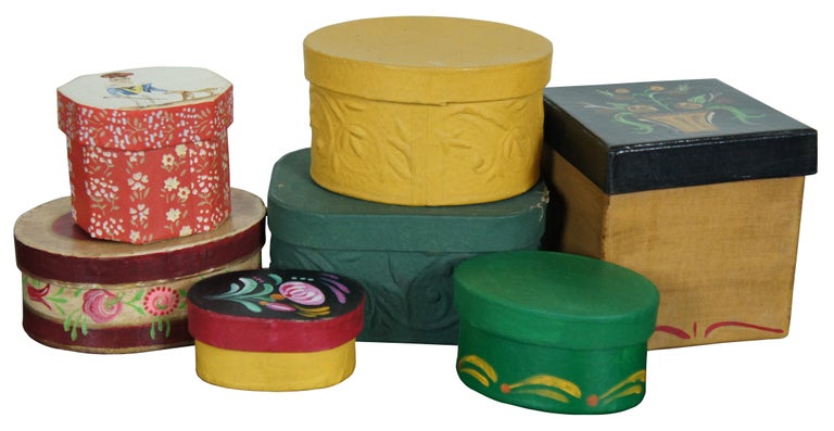 11 Vintage Hand Painted Folk Art Paper Banded Trinket Bride Storage ...