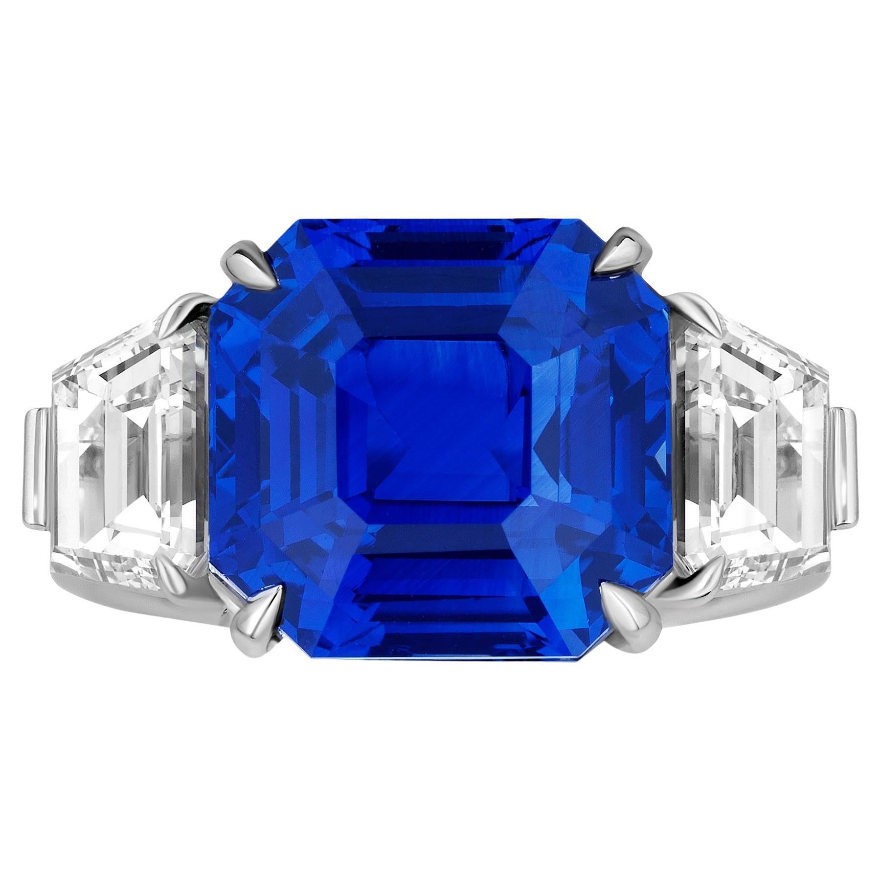 11.08 Carat Square Emerald Blue Sapphire and Diamond Platinum Ring For ...