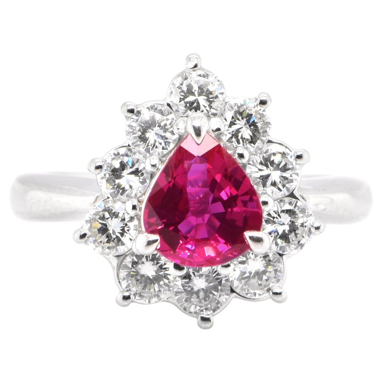 1.11 Carat Natural Pear Cut Ruby and Diamond Ring Set in Platinum For ...