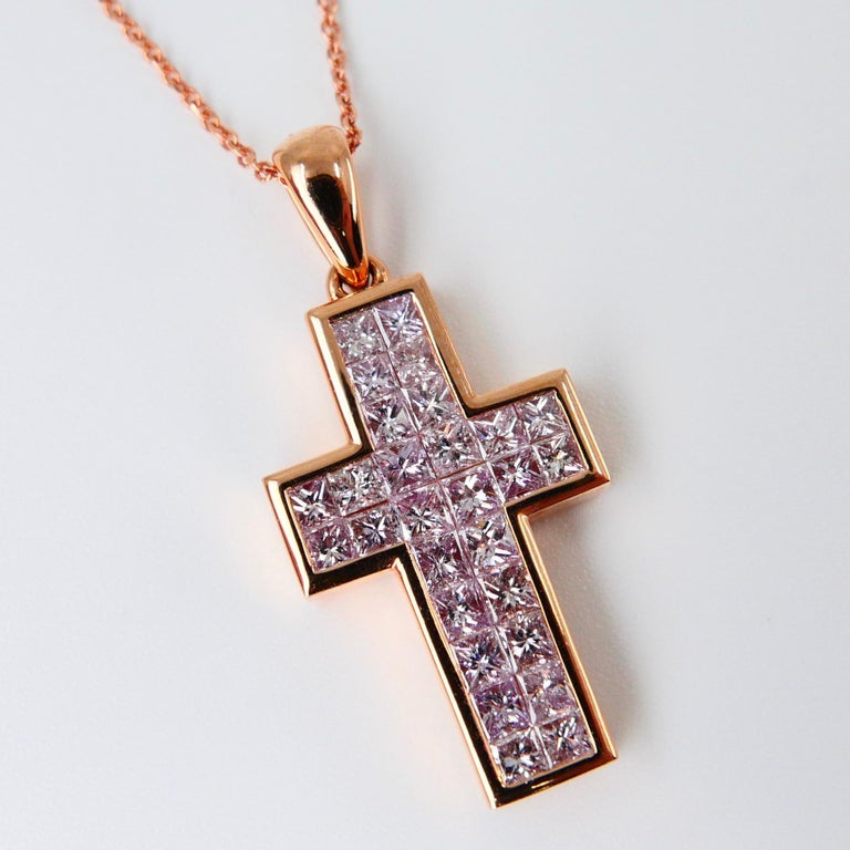 1.11 CTW Natural Light Baby Pink Diamond Cross Pendant Necklace. 18K ...