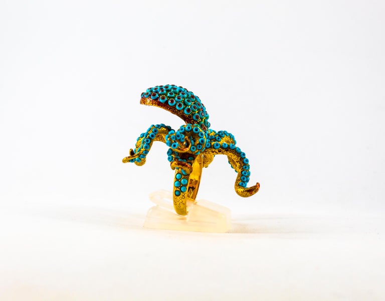 1.12 Carat White Diamond Garnet Turquoise Yellow Gold "Octopus ...