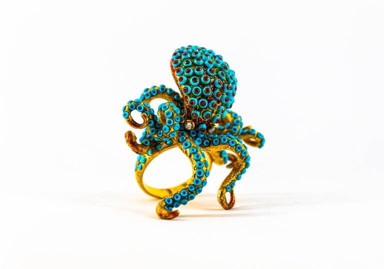 1.12 Carat White Diamond Garnet Turquoise Yellow Gold "Octopus ...