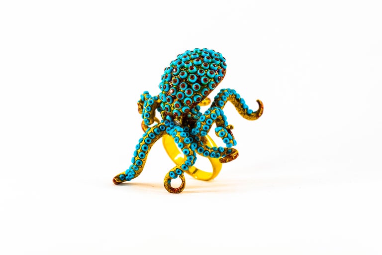 1.12 Carat White Diamond Garnet Turquoise Yellow Gold "Octopus ...