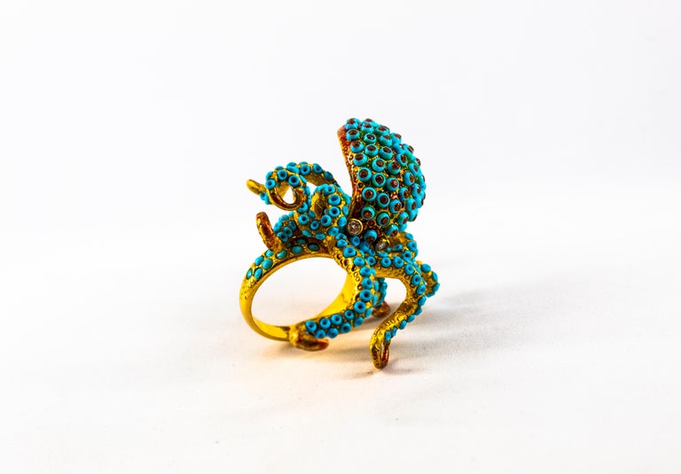 1.12 Carat White Diamond Garnet Turquoise Yellow Gold "Octopus ...