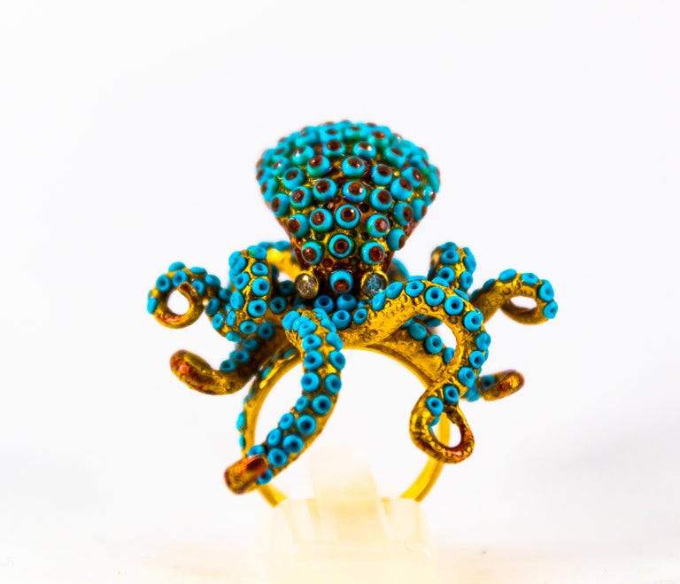 1.12 Carat White Diamond Garnet Turquoise Yellow Gold "Octopus ...