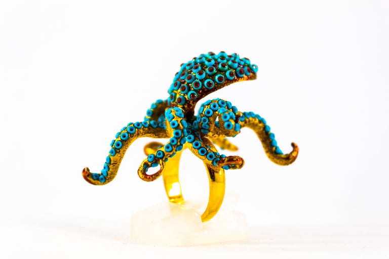 1.12 Carat White Diamond Garnet Turquoise Yellow Gold "Octopus ...