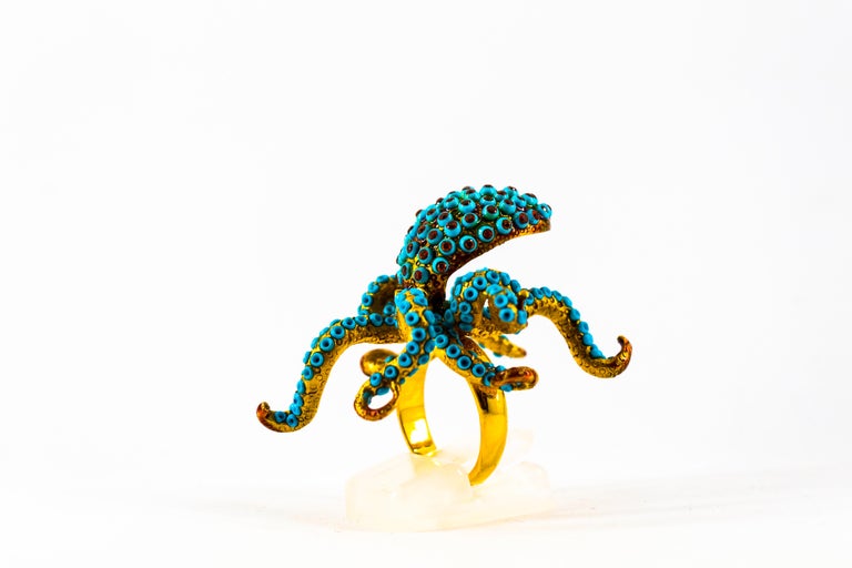 1.12 Carat White Diamond Garnet Turquoise Yellow Gold "Octopus ...