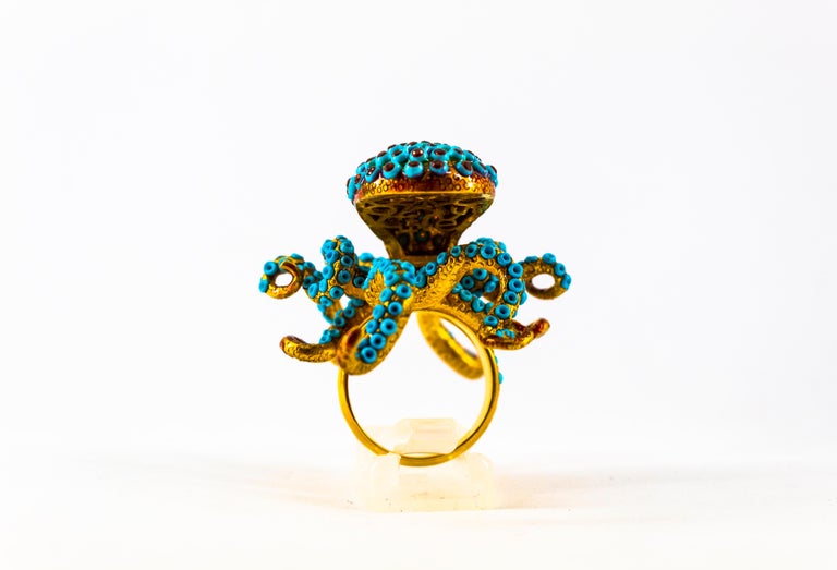 1.12 Carat White Diamond Garnet Turquoise Yellow Gold "Octopus ...