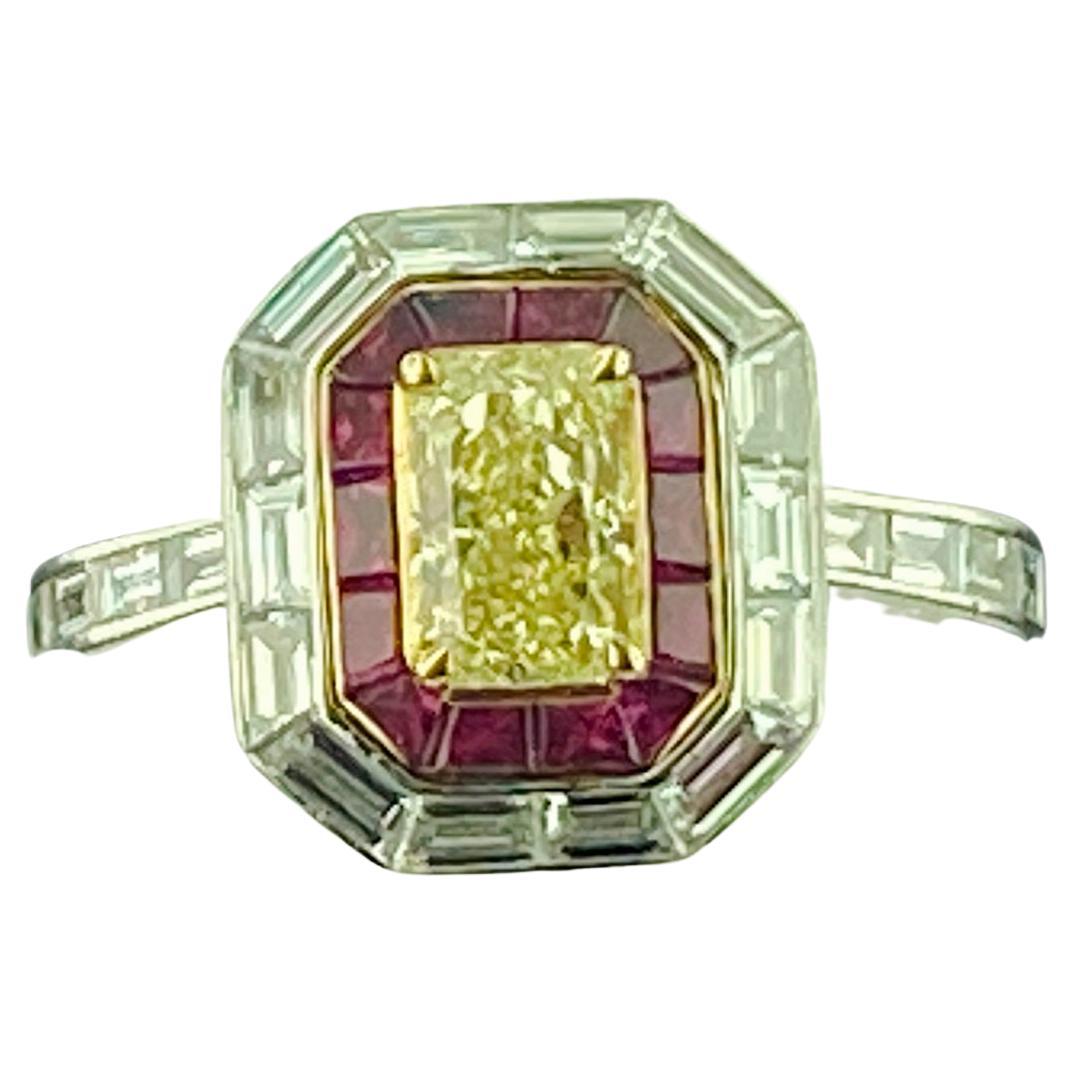 1.13 Ct Radiant Cut Diamond and Ruby Ring in Platinum For Sale at 1stDibs