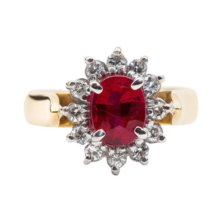 1.14 Carat Bright Red Ruby and Diamond 18 Carat Gold Vintage Cluster ...