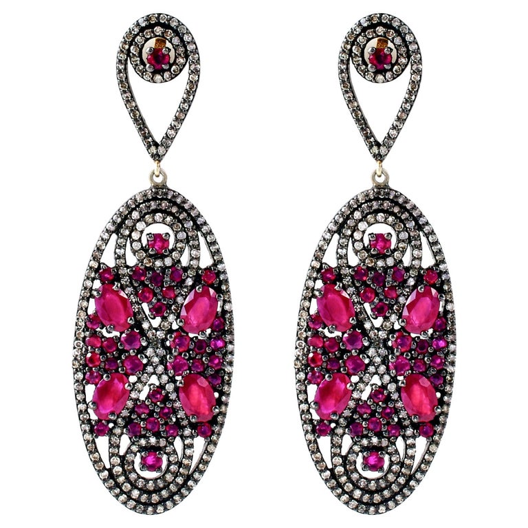 11.42 Carat Diamond and Ruby Drop Earrings in Victorian Style For Sale ...
