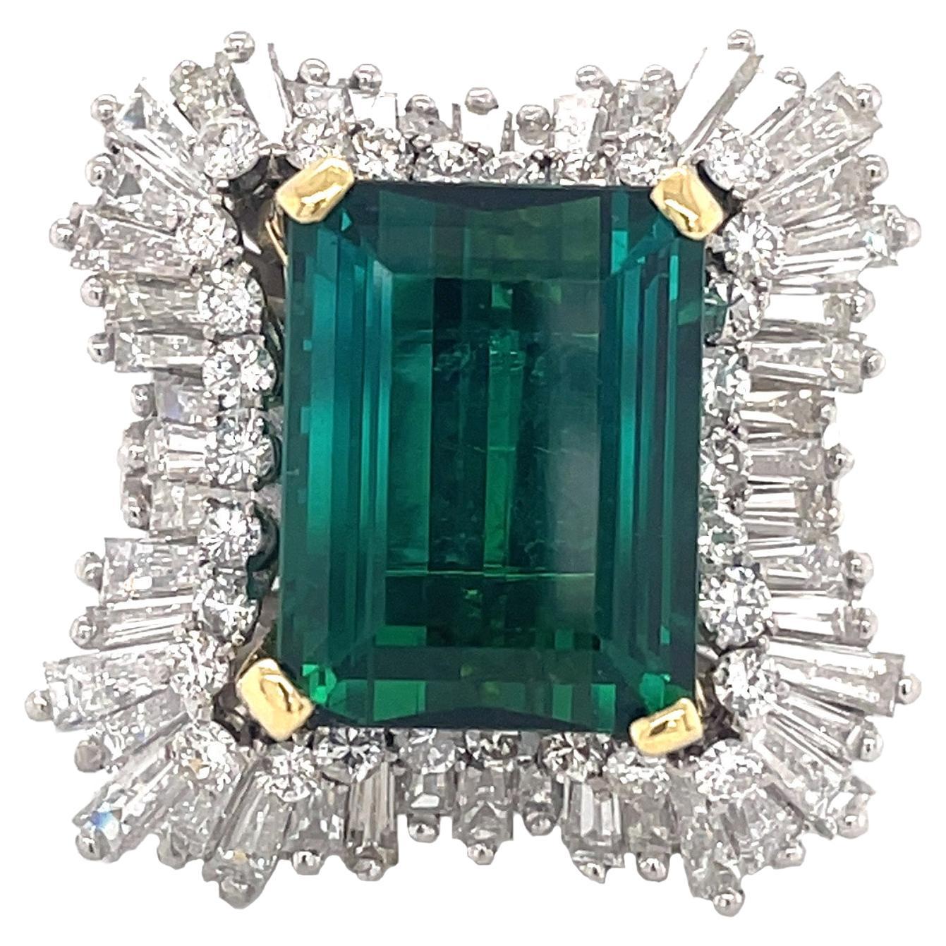 Emerald Cut Tourmaline 22.98 Carat Diamond Gold Ring For Sale at 1stDibs