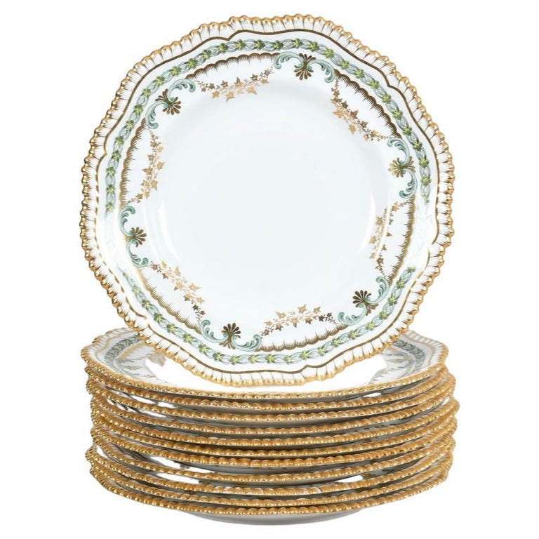 12 Antique English Dinner Plates, Pretty Double Green Swag and Gilt ...