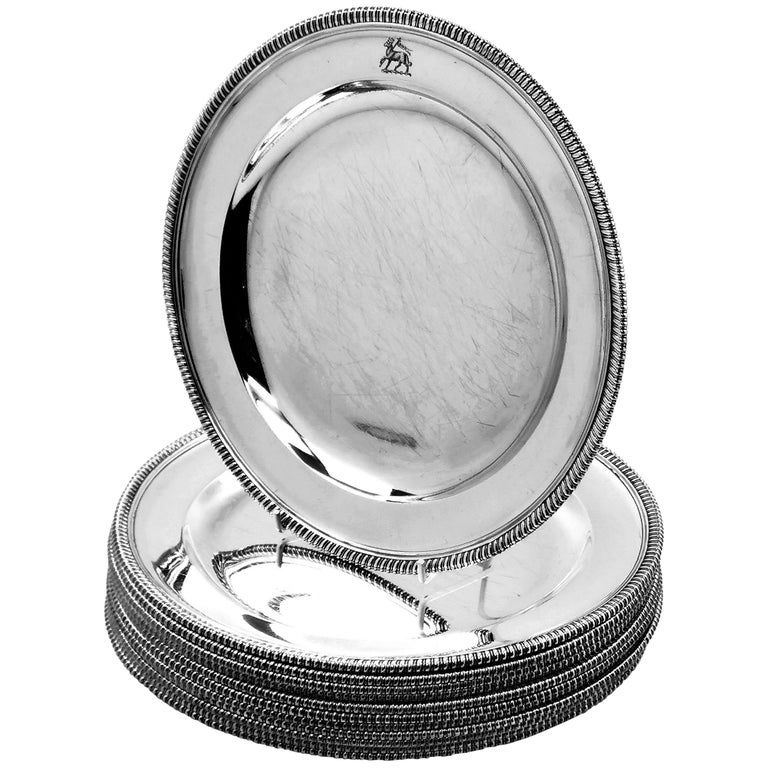 12 Antique George III Sterling Silver Dinner Plates 1798 Gadroon, 18th ...