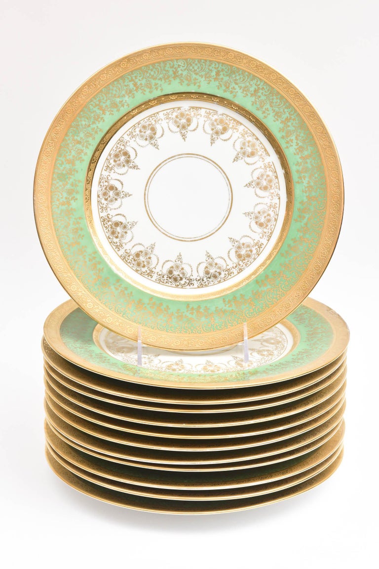 12 Antique Green and Gilt Encrusted Service or Presentation Plates at ...