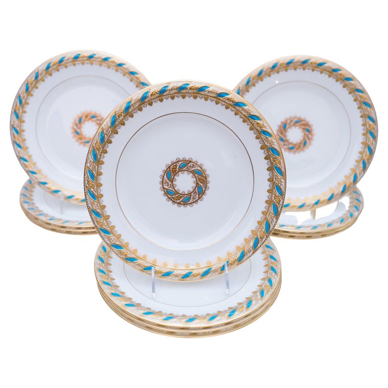 12 Antique Tiffany Turquoise and Gilt Encrusted Dinner Plates, Circa ...
