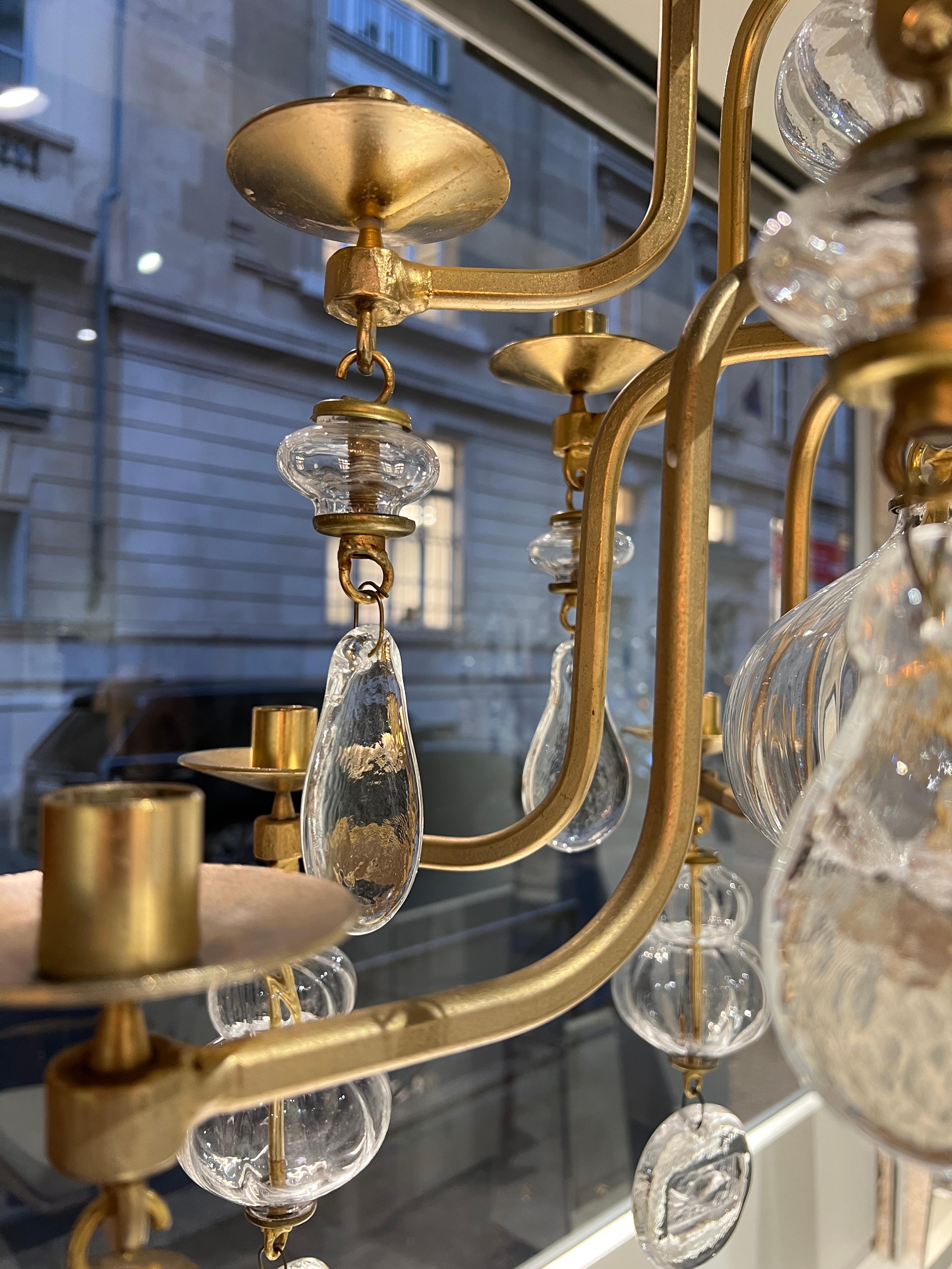 Erik Hoglund Sweden circa 1970 12 arms gold chandelier For Sale at 1stDibs