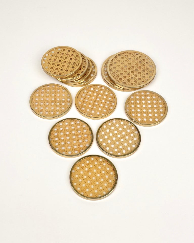 12 Barware Coasters Lucite, Rattan and Brass Christian Dior Style ...