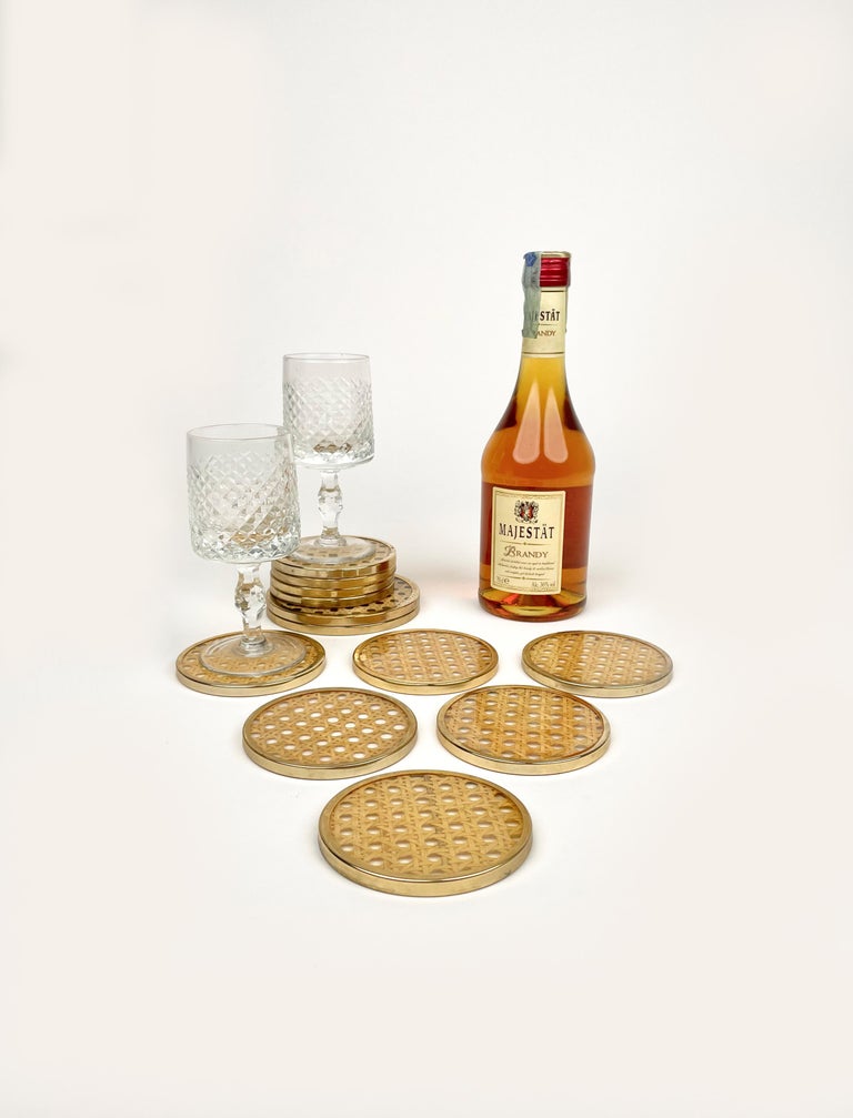 12 Barware Coasters Lucite, Rattan and Brass Christian Dior Style ...