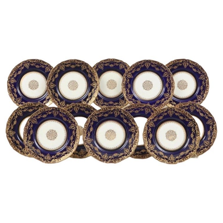 12 Cobalt Blue Gilt Encrusted Dinner Plates, Antique English, Circa ...