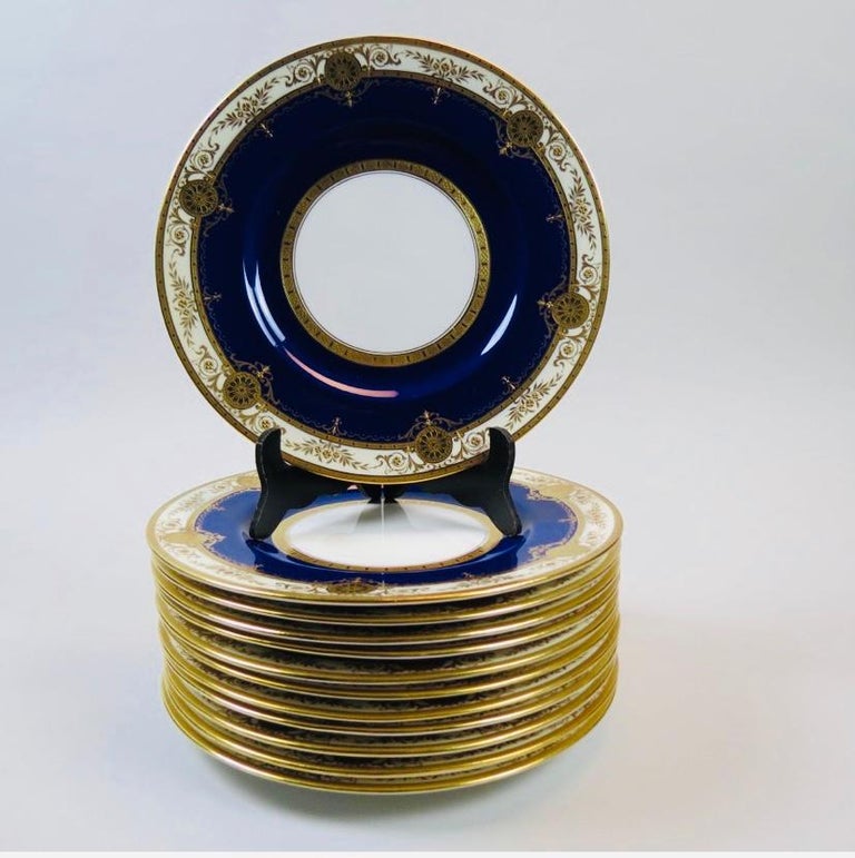 12 Dinner Plates Antique Minton Cobalt Blue Raised Gilt Medallion Swag ...