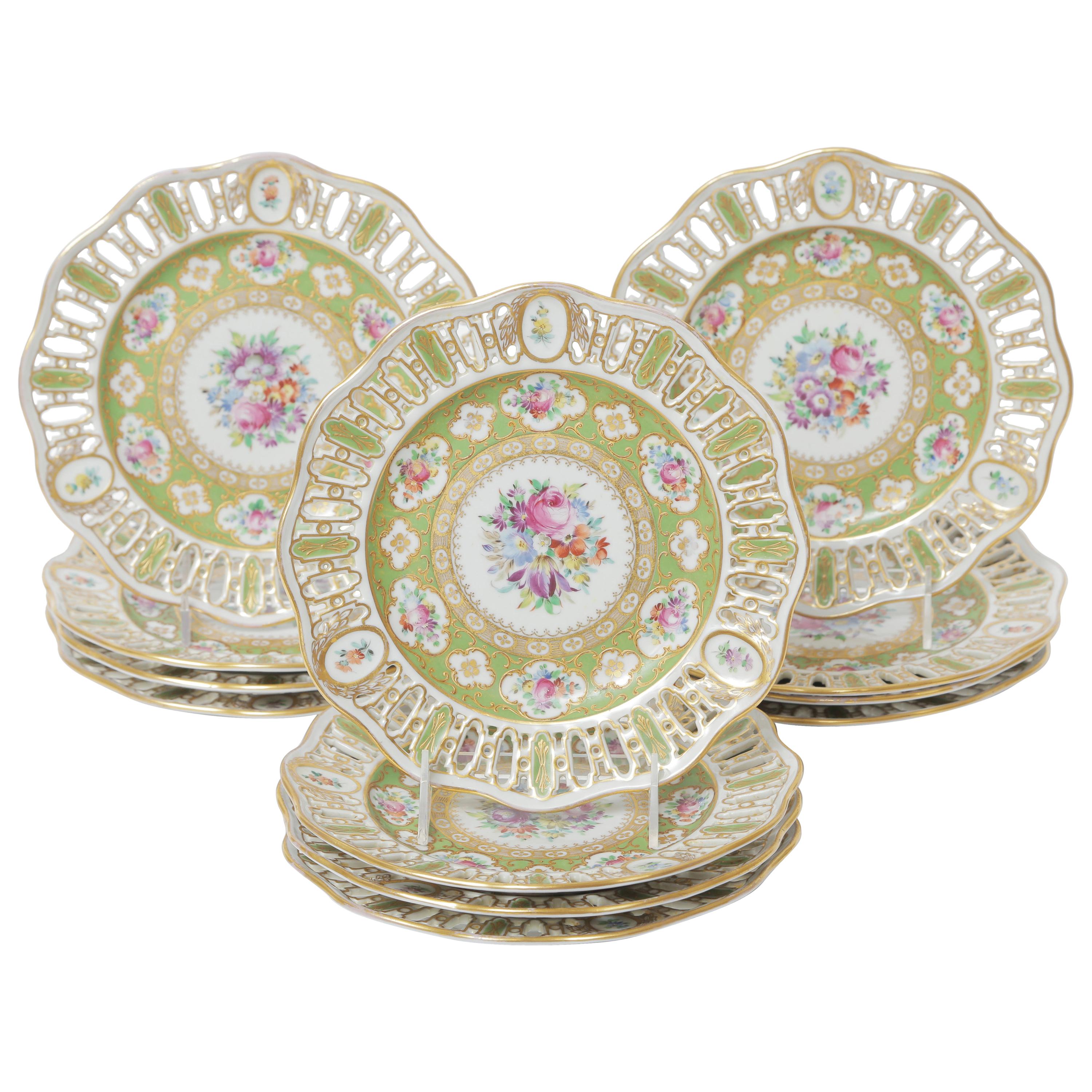 12 Dresden Elaborate Hand Painted, Raised Gilt and Pierced Edge Dessert ...