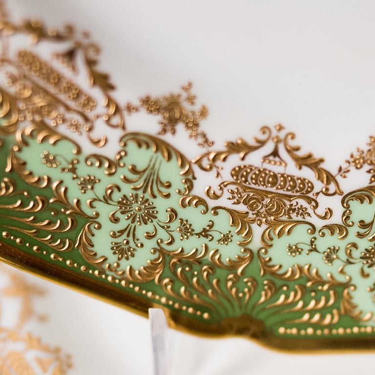 12 Gilt Encrusted Antique Dinner Plates, Rare 2 Color Green with ...