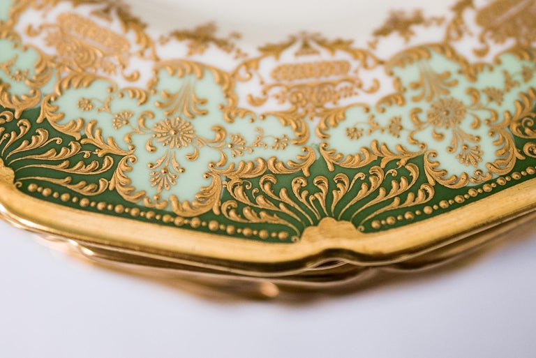 12 Gilt Encrusted Antique Dinner Plates, Rare 2 Color Green with ...